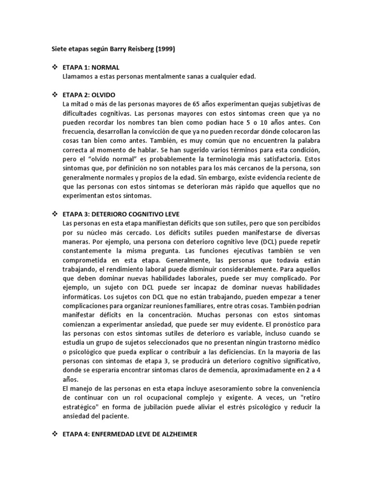 Siete Etapas Según Barry Reisberg | PDF | Enfermedad de Alzheimer ...