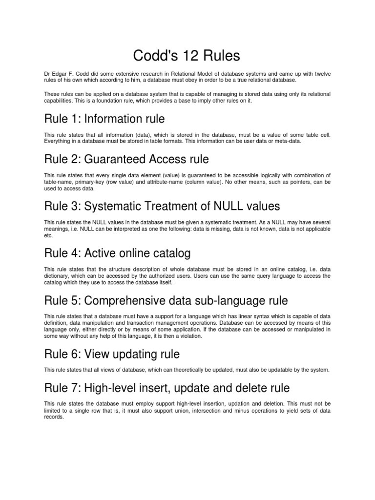 Codd 12 Rules Pdf Relational Model Databases