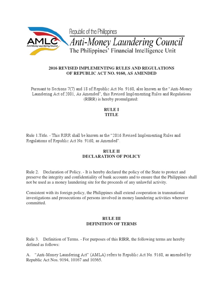 Amla 2016 Revised Implementing Rules and Regulations | Gemstone | Money Laundering