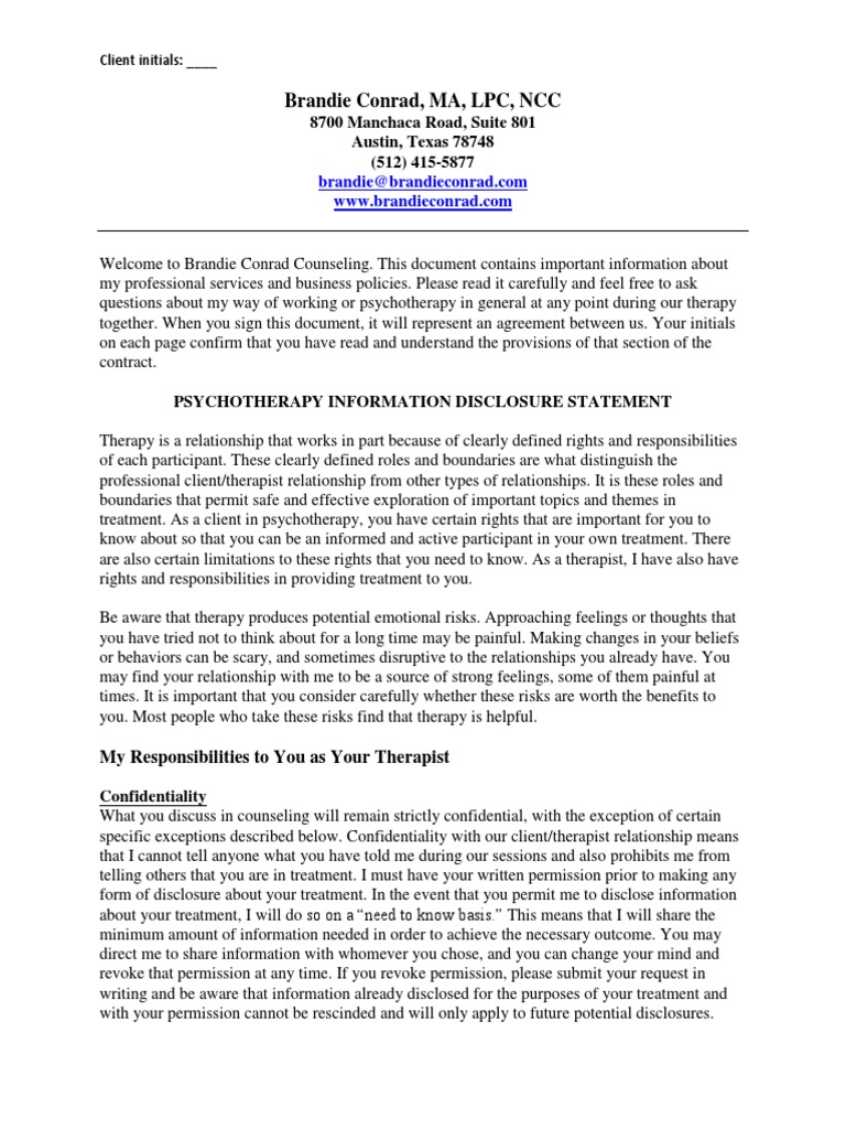 Informed Consent Form | PDF | Confidentiality | Psychotherapy