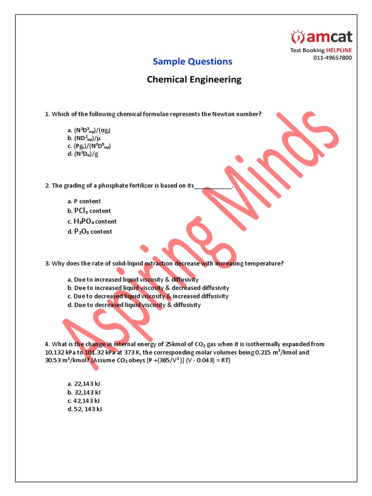 Chemical Engineering: Sample Questions | PDF