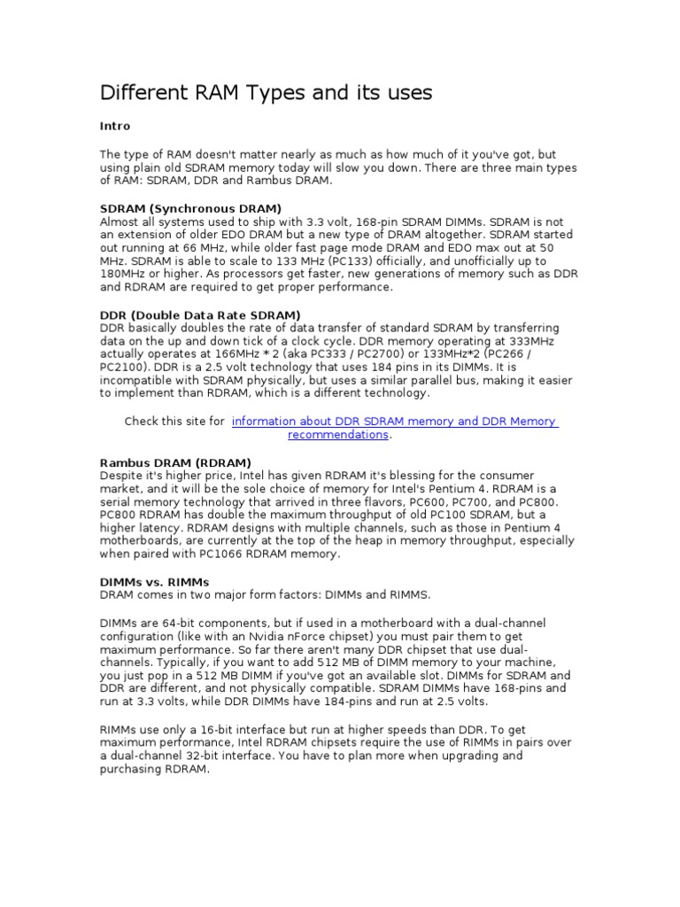 Different RAM Types and Its Uses: Intro | PDF | Dynamic Random Access ...