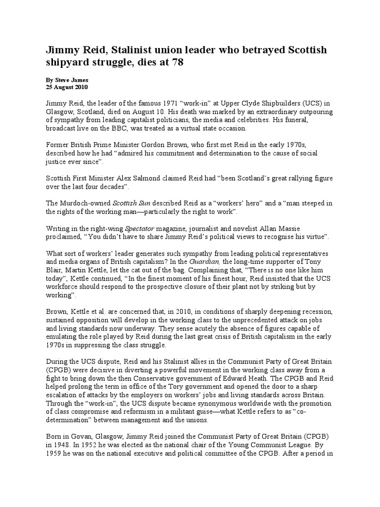 Jimmy Reid, Stalinist Union Leader Who Betrayed Scottish Shipyard ...