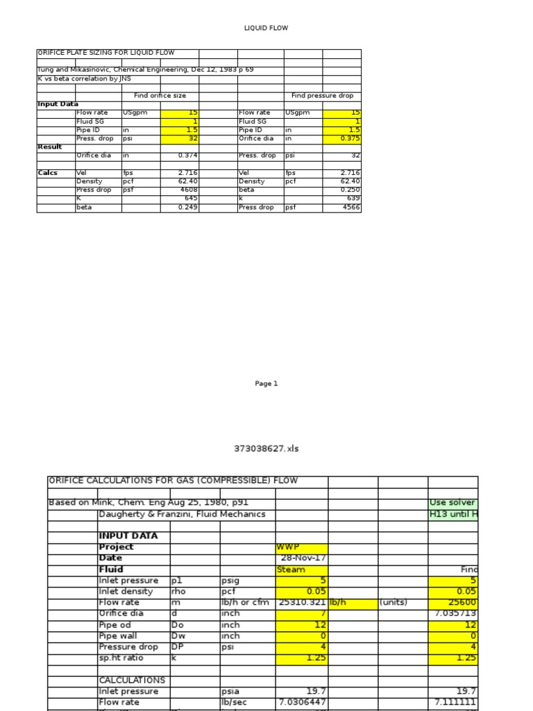 Orifice Calculation | PDF | Pressure | Flow Measurement