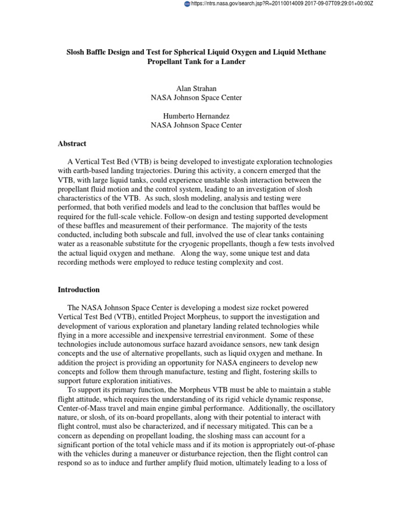 Slosh Baffle Design and Test For Spherical Liquid Oxygen and Liquid ...