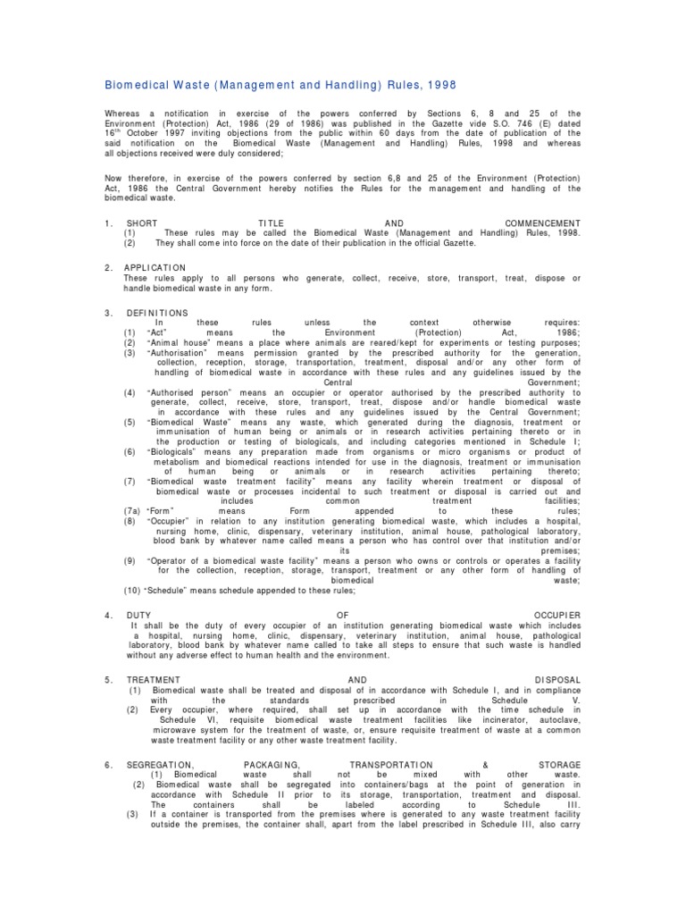 Biomedical Waste (Management and Handling) Rules, 1998 | PDF | Waste ...