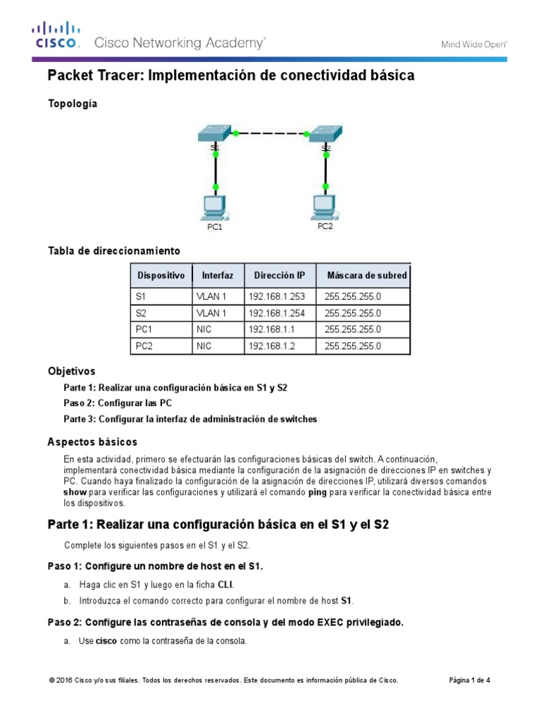 2.3.2.5 Packet Tracer - Implementing Basic Connectivity | PDF | Dirección IP | Conmutador de red