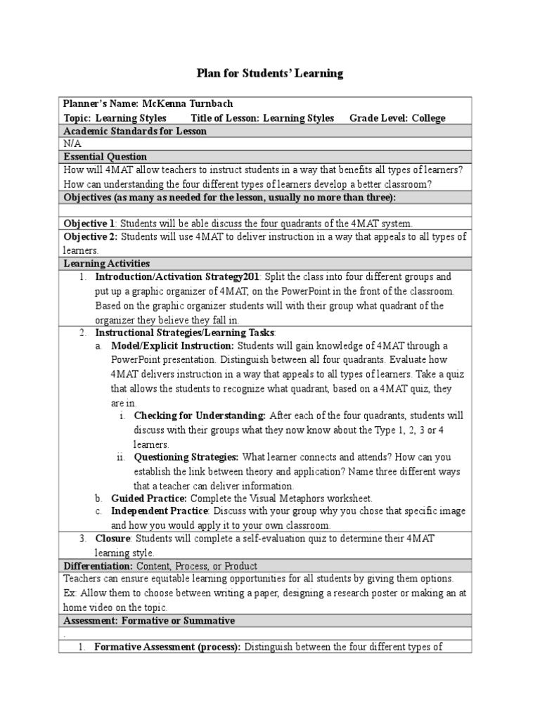 Lesson Plan Learning Styles Pdf Learning Styles Learning