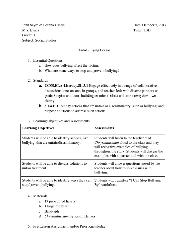Anti-Bullying Lesson | PDF | Bullying | Educational Assessment