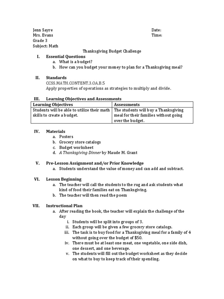 Thanksgiving Budget Lesson Plan | PDF | Lesson Plan | Teaching