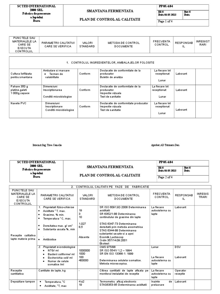 Smantana Fermentata Plan de Control Al Calitatii | PDF