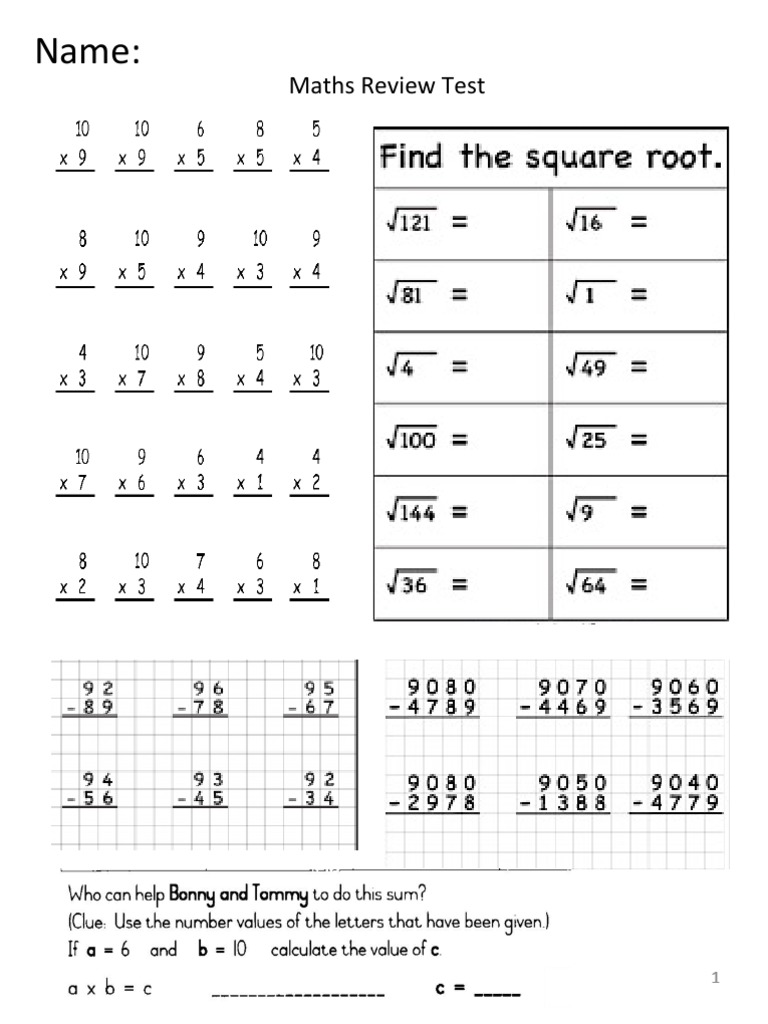 Math Review Test: A Five Question Assessment Covering Basic ...