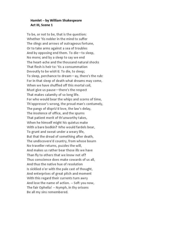 Hamlet - by William Shakespeare Act III, Scene 1 | PDF