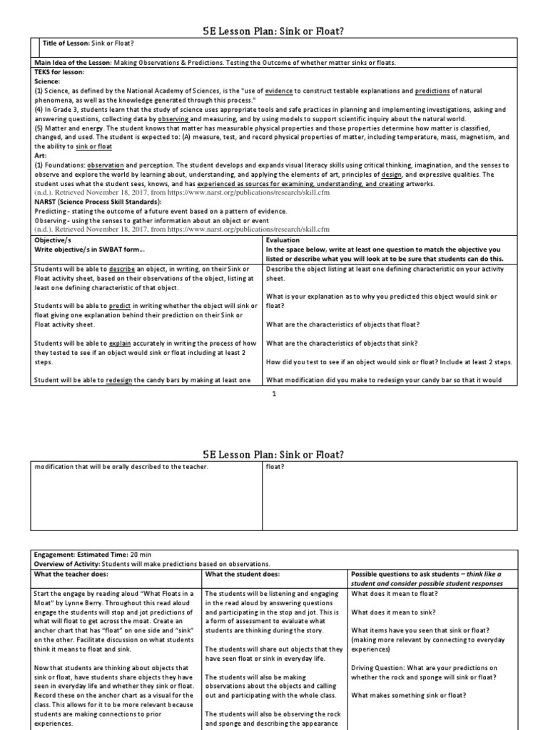 5E Lesson Plan: Sink or Float? | PDF | Lesson Plan | Matter