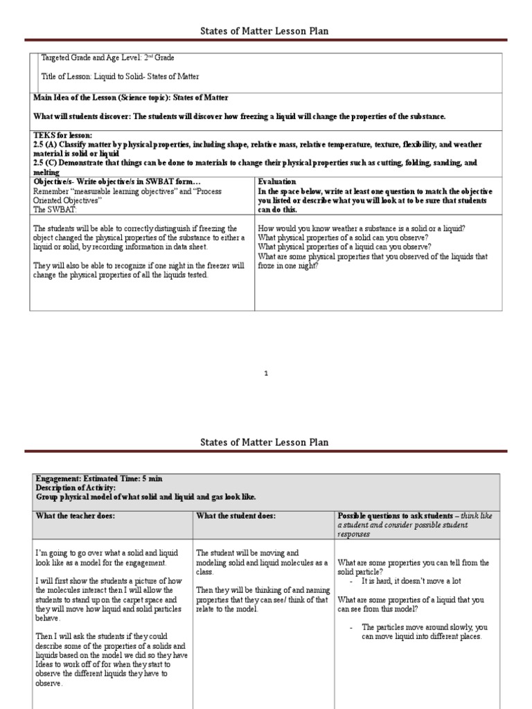 States of Matter Lesson Plan | PDF | Matter | Liquids