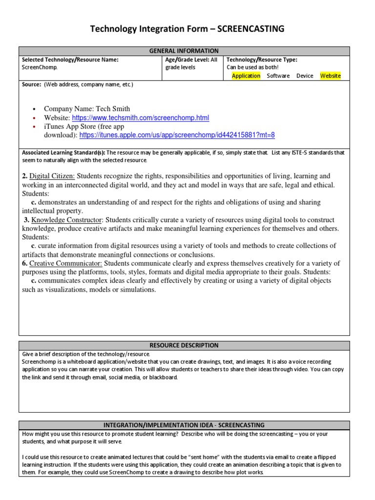Technology Integration Template-Screencasting | PDF | Cognitive Science ...
