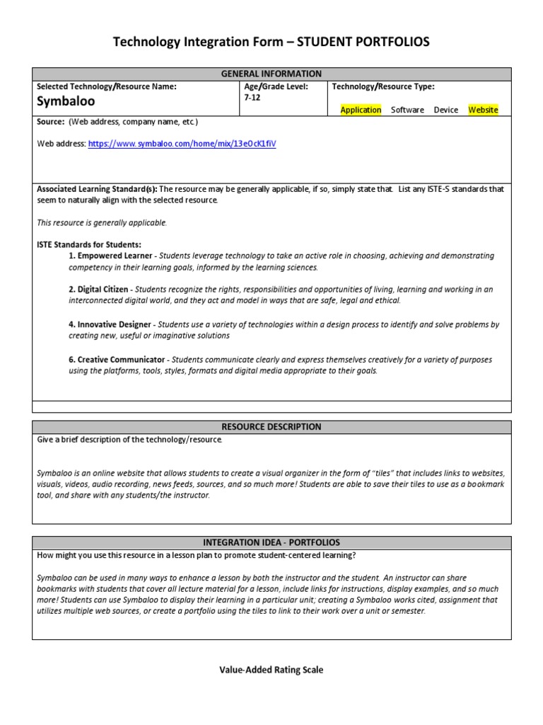 Technology Integration Form - STUDENT PORTFOLIOS: General Information ...