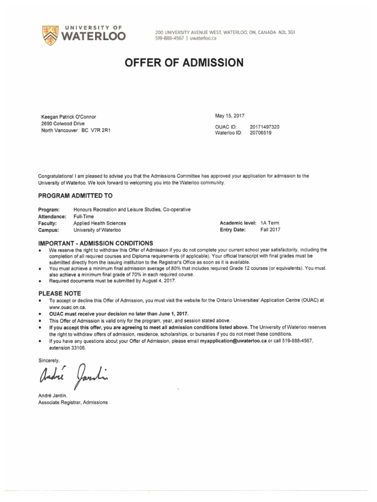 Waterloo Acceptance Letter | PDF