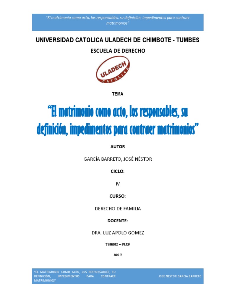 El Matrimonio Como Acto, Los Responsables, Su Definición, Impedimentos ...