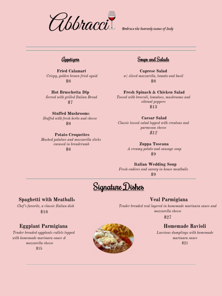 Abbracci Menu | PDF | Dumpling | Pasta