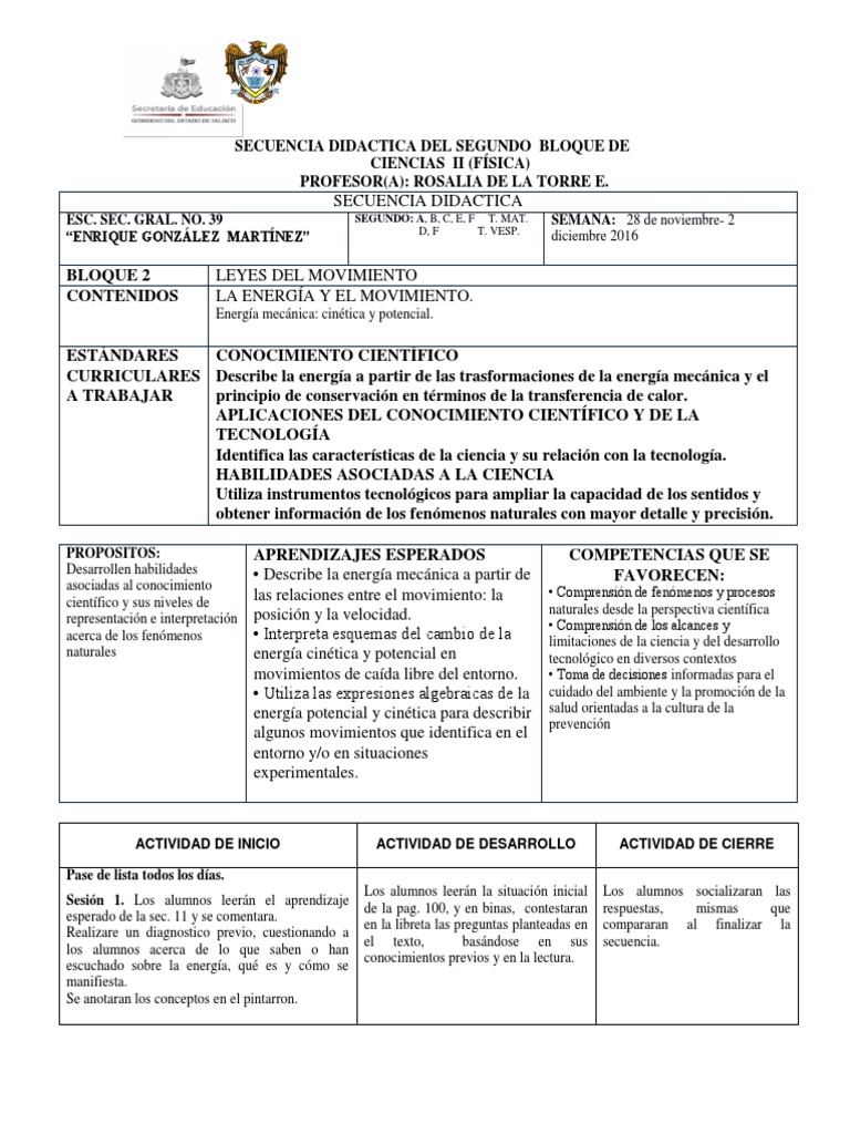 Secuencia Didactica Del Segundo Bloque D | PDF | Energía cinética | Movimiento (física)
