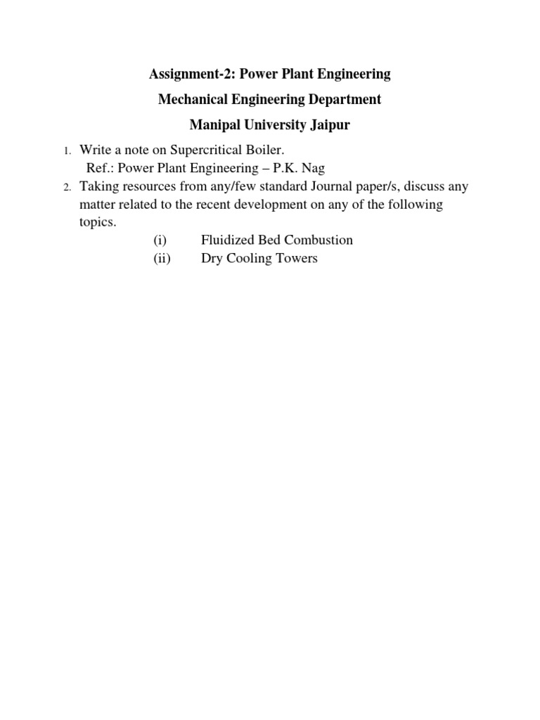 Assignment-2: Power Plant Engineering Mechanical Engineering Department Manipal University ...
