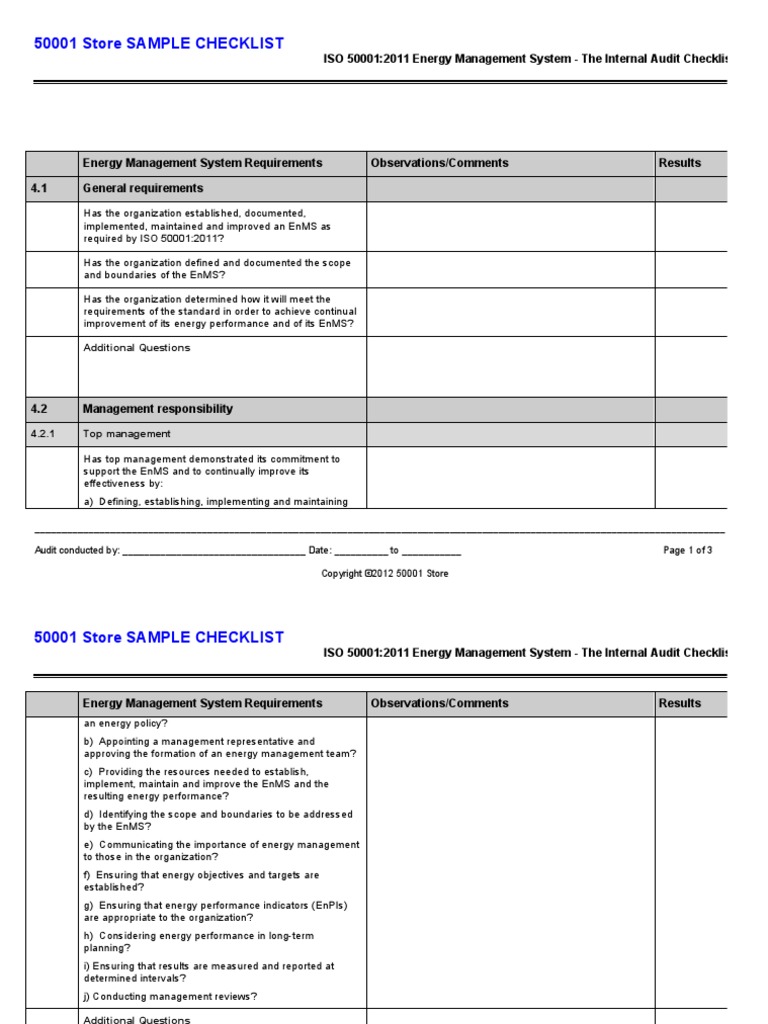 50000 Internal Audit Checklist Sample | Internal Audit | Energy Management