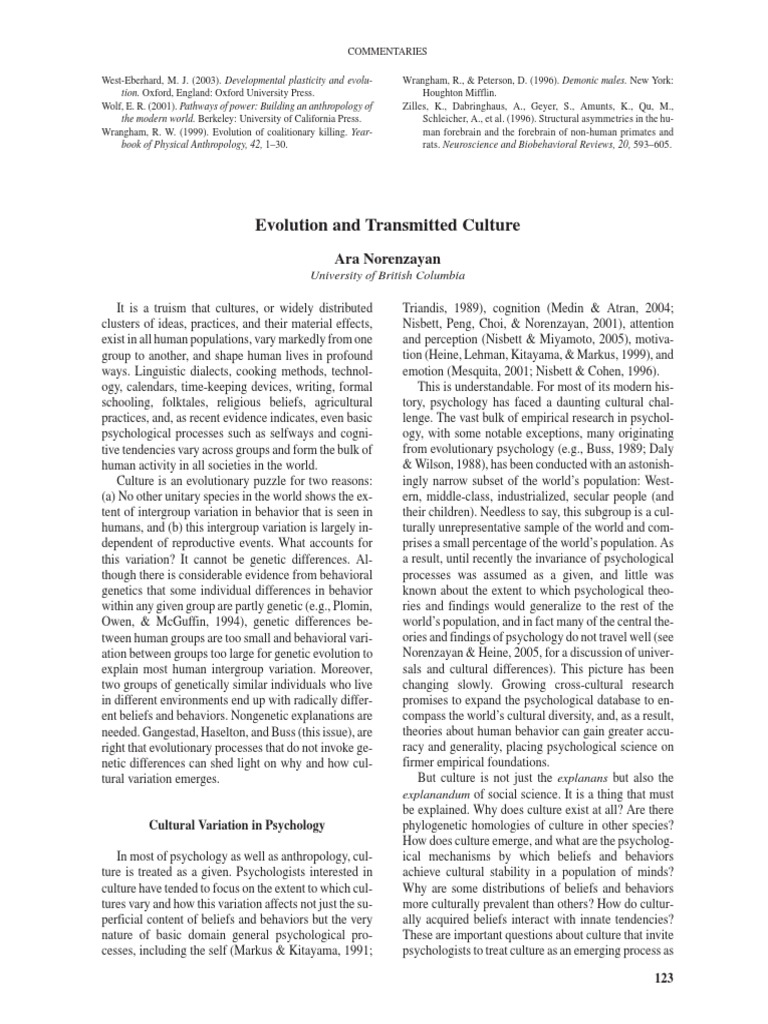 Evolution and Transmitted Culture | PDF | Evolution | Psychology
