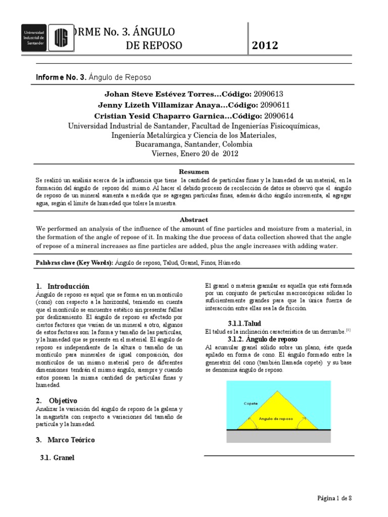 Informe 3 Angulo de Reposo | PDF | Minerales | Agua