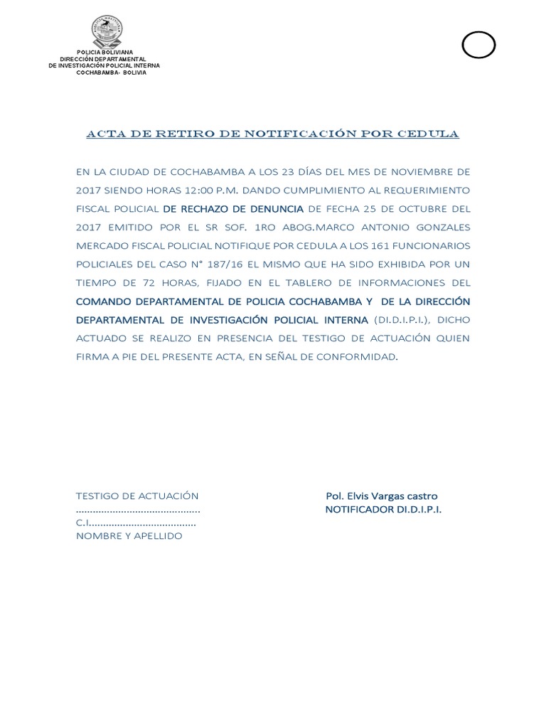 Acta de Retiro de Notificación Por Cedula 2 | PDF | Bolivia | Justicia penal