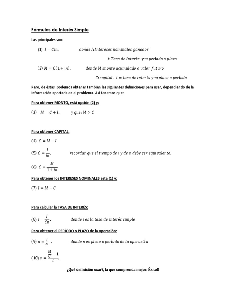Fórmulas de Interés Simple | PDF