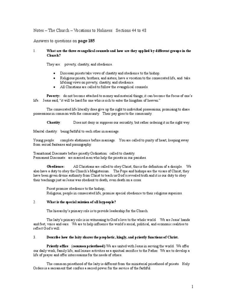 Notes - The Church - Vocations To Holiness Sections 44 To 48 Answers To ...