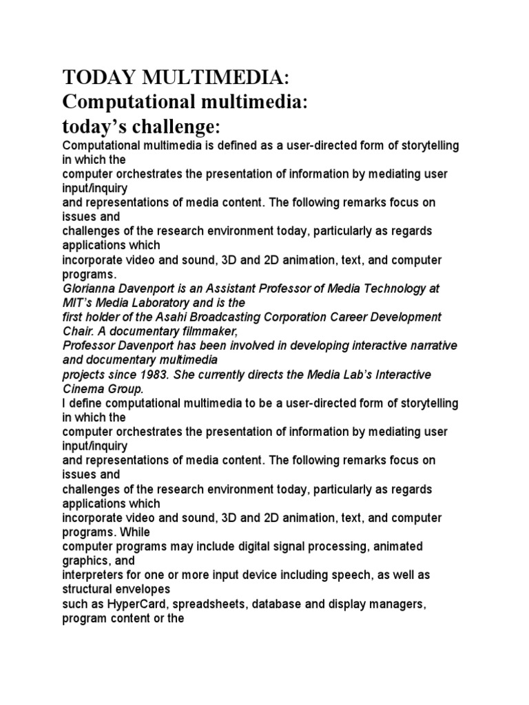 Today Multimedia: Computational Multimedia: Today's Challenge | PDF ...