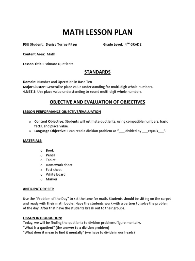 4th Grade Math: Estimating Quotients | PDF | Lesson Plan | Applied ...