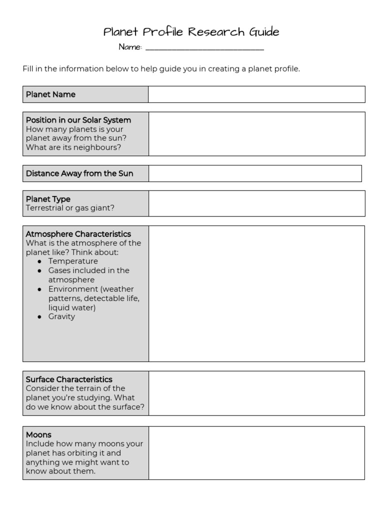 Planet Profile Research Guide | PDF | Planets | Bodies Of The Solar System