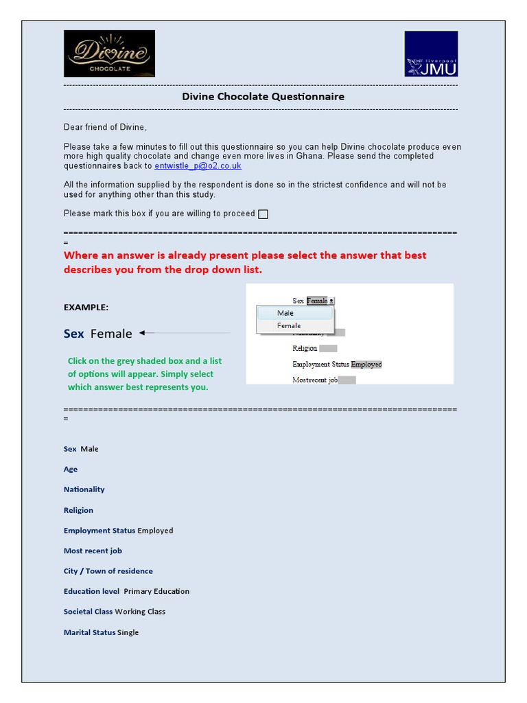 Female: Divine Chocolate Questionnaire | PDF | Communication