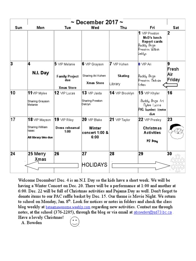 Dec Calendar | PDF | Birthdays | Winter Holidays