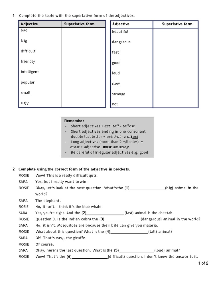 1 Complete The Table With The Superlative Form of The Adjectives ...