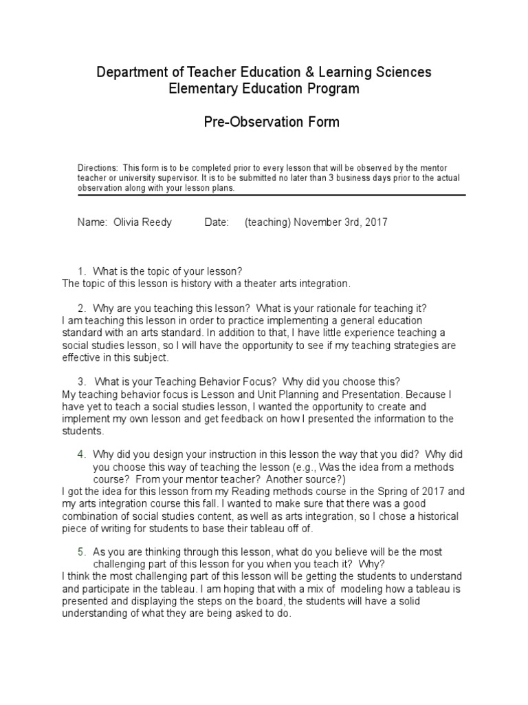 Pre - Observation Form | PDF | Mentorship | Classroom Management