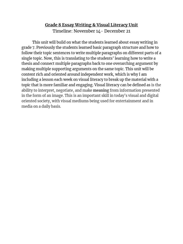 8th Grade Essay Writing & Visual Literacy | PDF | Essays | Literacy