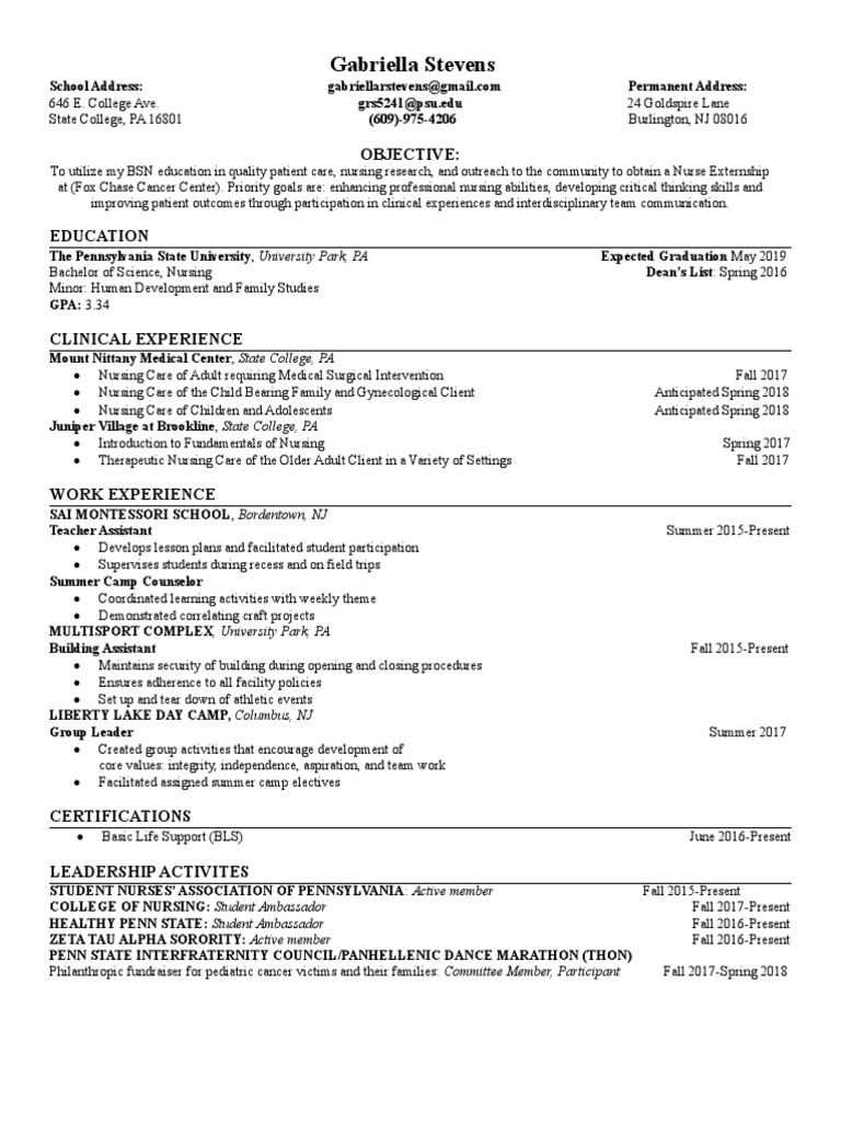 Final Resume | PDF | Pennsylvania State University | Nursing
