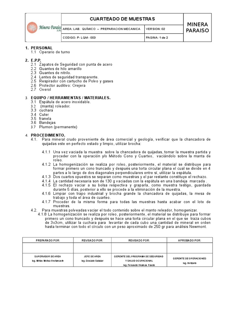 Procedimiento de Cuarteo de Muestras Minerales | PDF | Industrias ...