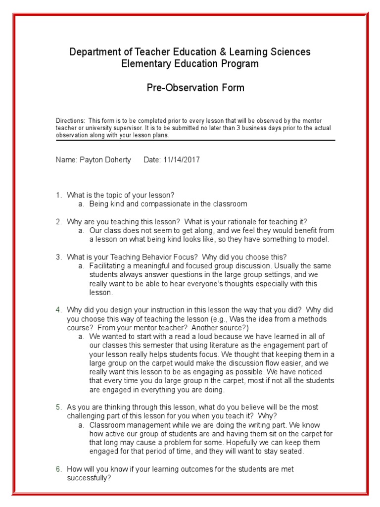 Pre-Observation Form for Kindness Lesson | PDF | Classroom | Mentorship