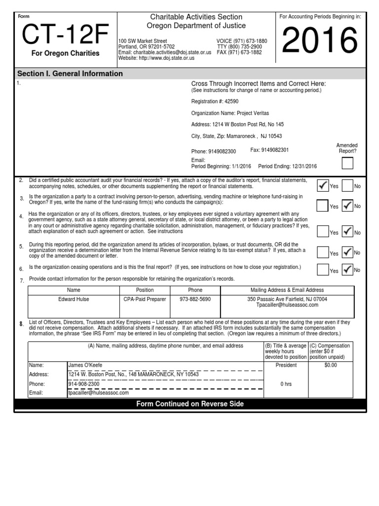 Oregon Department of Justice, CT-12F For Oregon Charities, 2016 | PDF ...