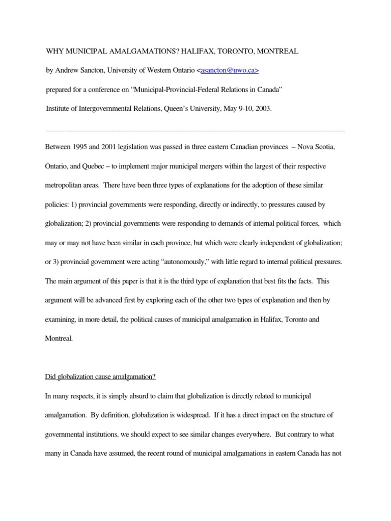 Municipal Amalgamation in Canada | PDF | Montreal | Toronto