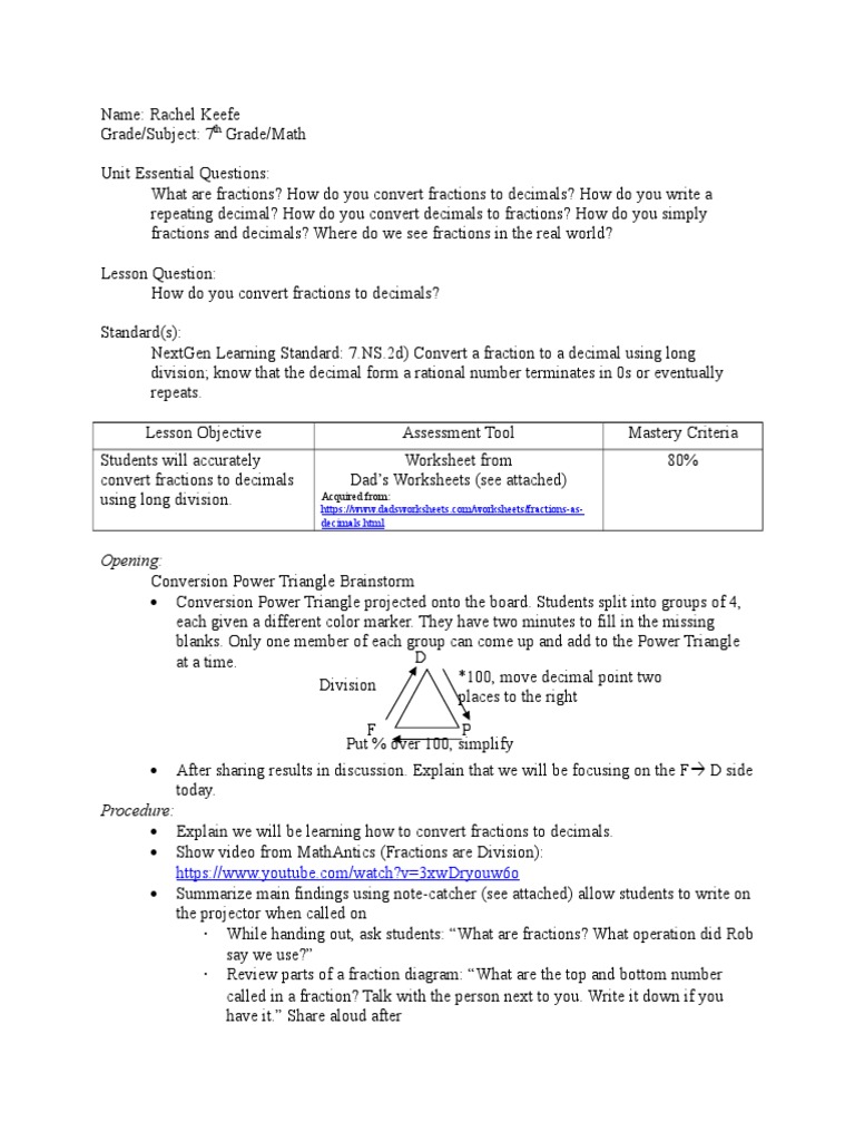 Lesson Plan | PDF | Fraction (Mathematics) | Decimal