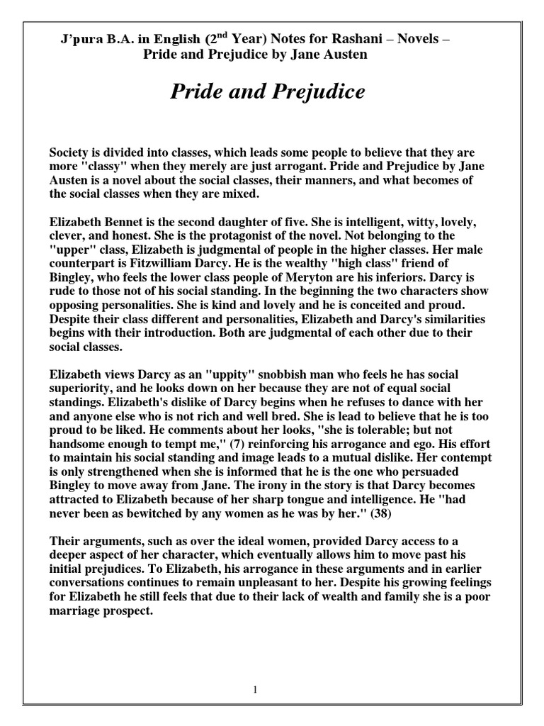 Pride and Prejudice Summary Notes | PDF | Pride And Prejudice | Mr. Darcy