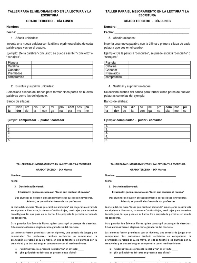 Talleres de Fluidez Lectora 3° | PDF | Lectura (proceso) | Comprensión ...