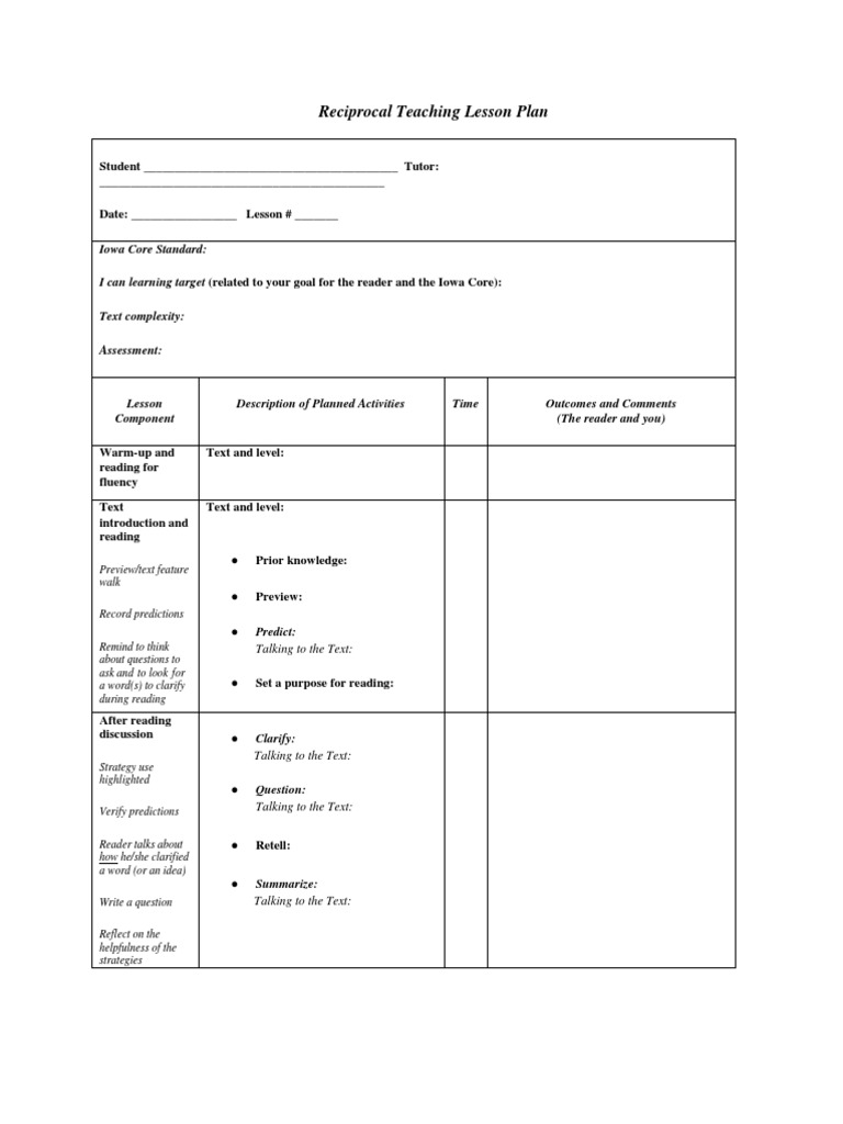 Reciprocal Teaching Lesson Plan: Talking To The Text | PDF