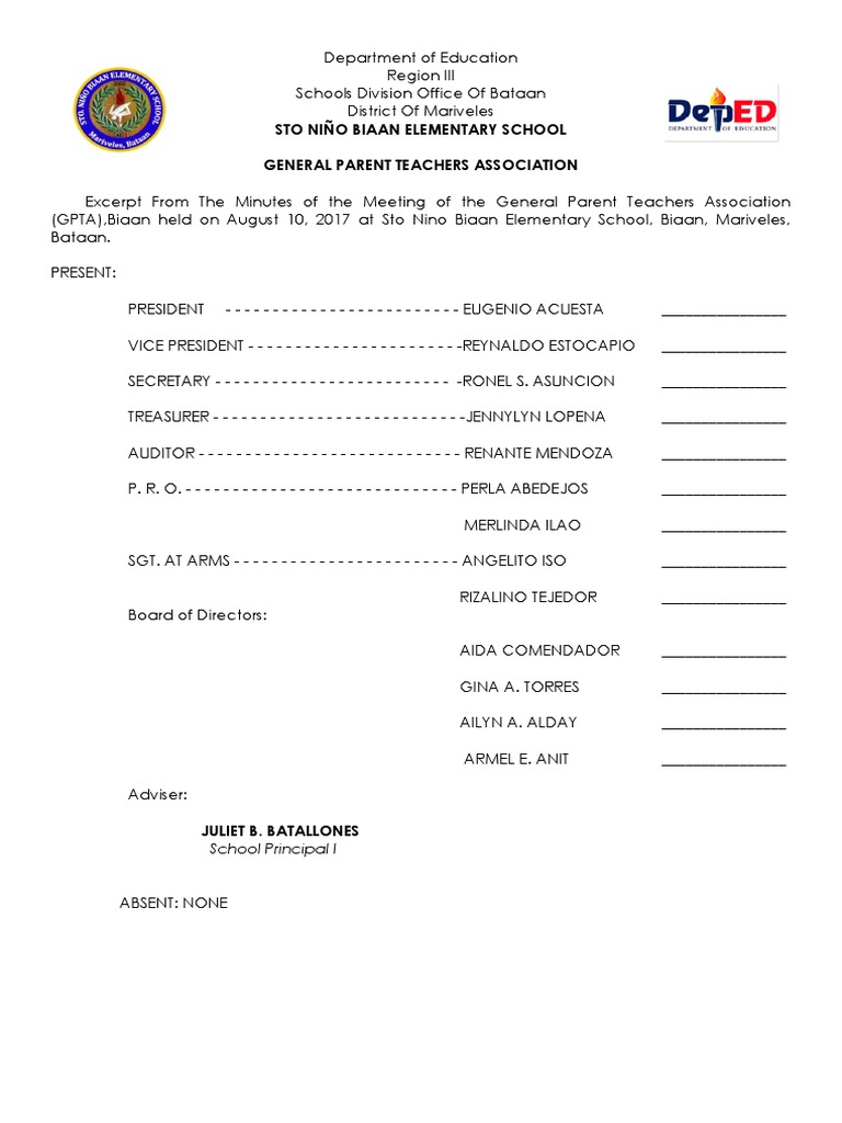 Sto Niño Biaan Elementary School General Parent Teachers Association | PDF